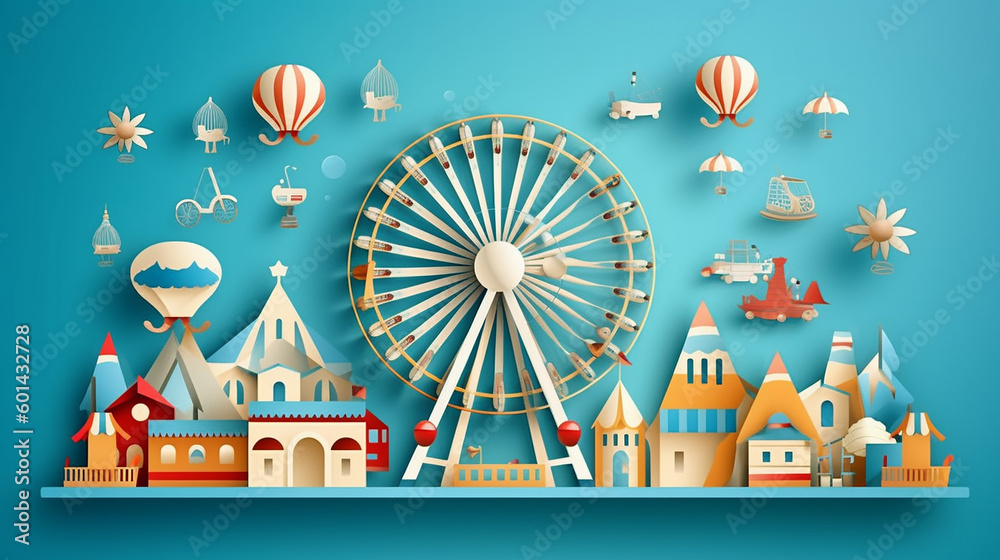 Ilustrace „Paper cut ferris wheel, carousel, kids train, hot air ...