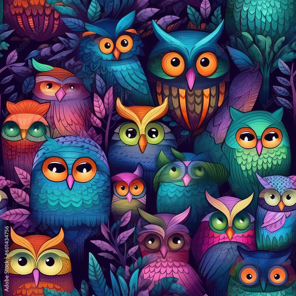 Cute owls at night seamless repeat pattern - fantasy colorful cubism ...