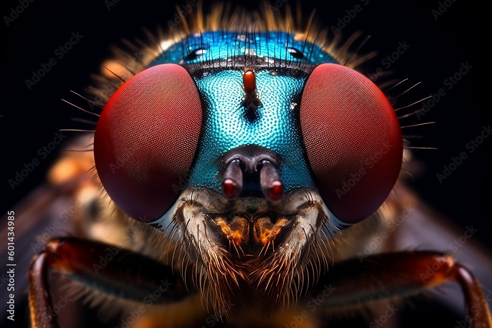 the fly's eye is in red and blue, in the style of textured surface layers, aurorapunk, black ...