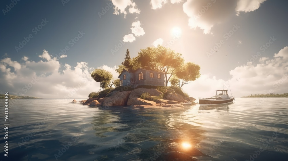 Isolated lonely house on island in sea, little privately owned island ...
