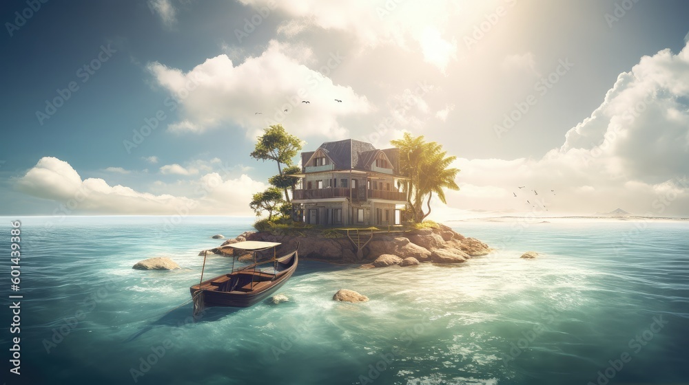 Isolated lonely house on island in sea, little privately owned island ...