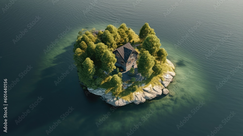 Aerial view of isolated lonely house on island in sea, little privately ...
