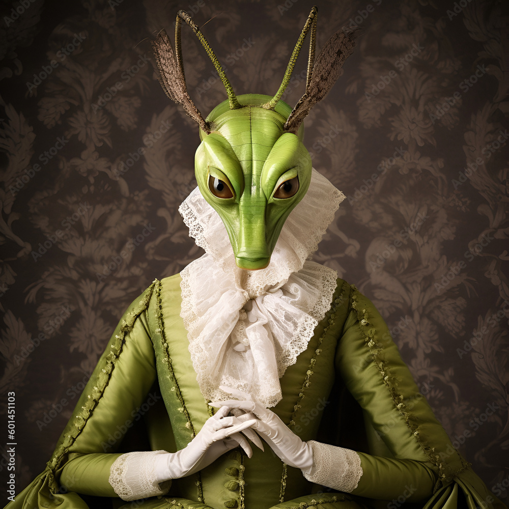 Realistic lifelike praying mantis insect in renaissance regal medieval ...