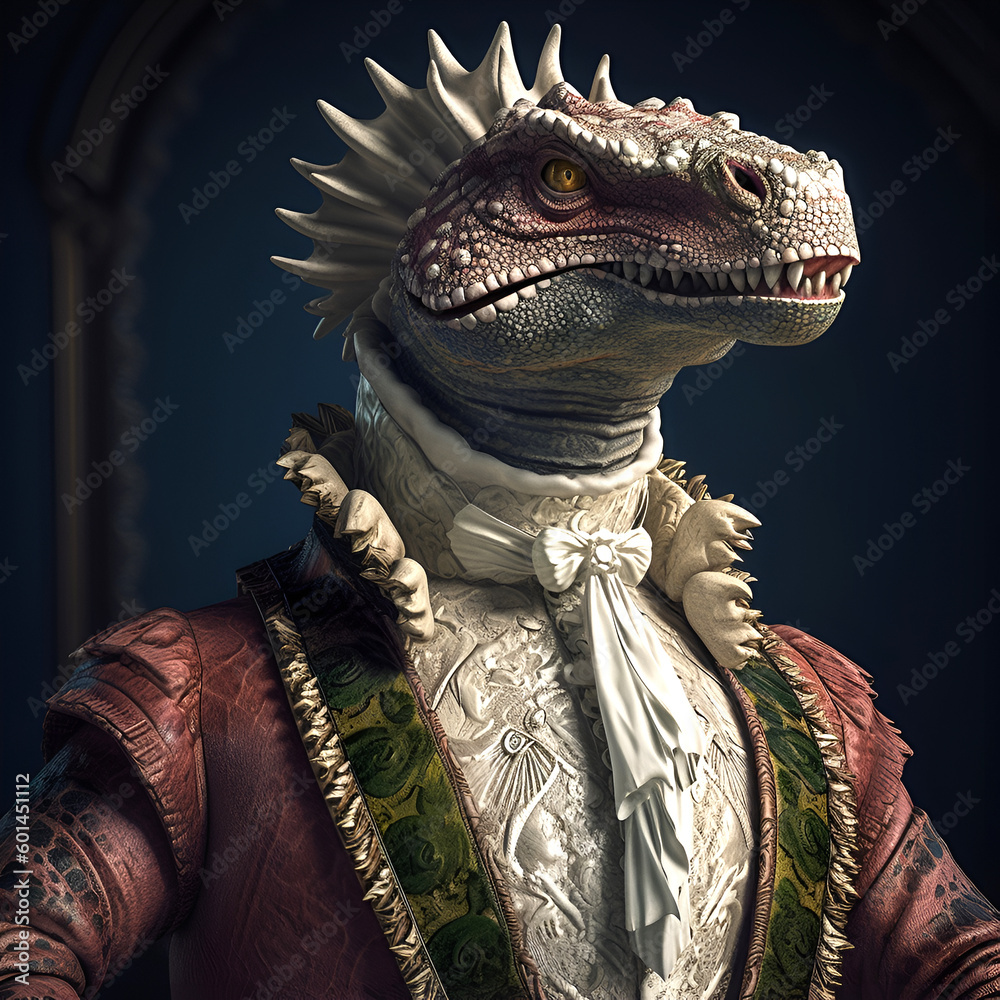 Realistic lifelike dinosaur in renaissance regal medieval noble royal ...