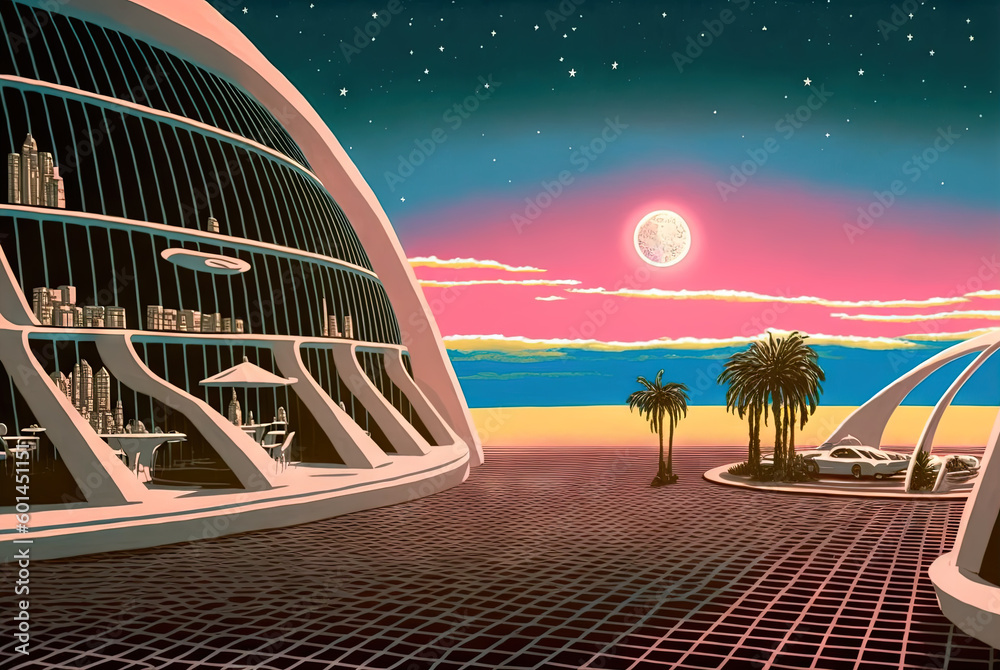 Retrofuturistic landscape in 80s sci-fi style. Retro science fiction ...