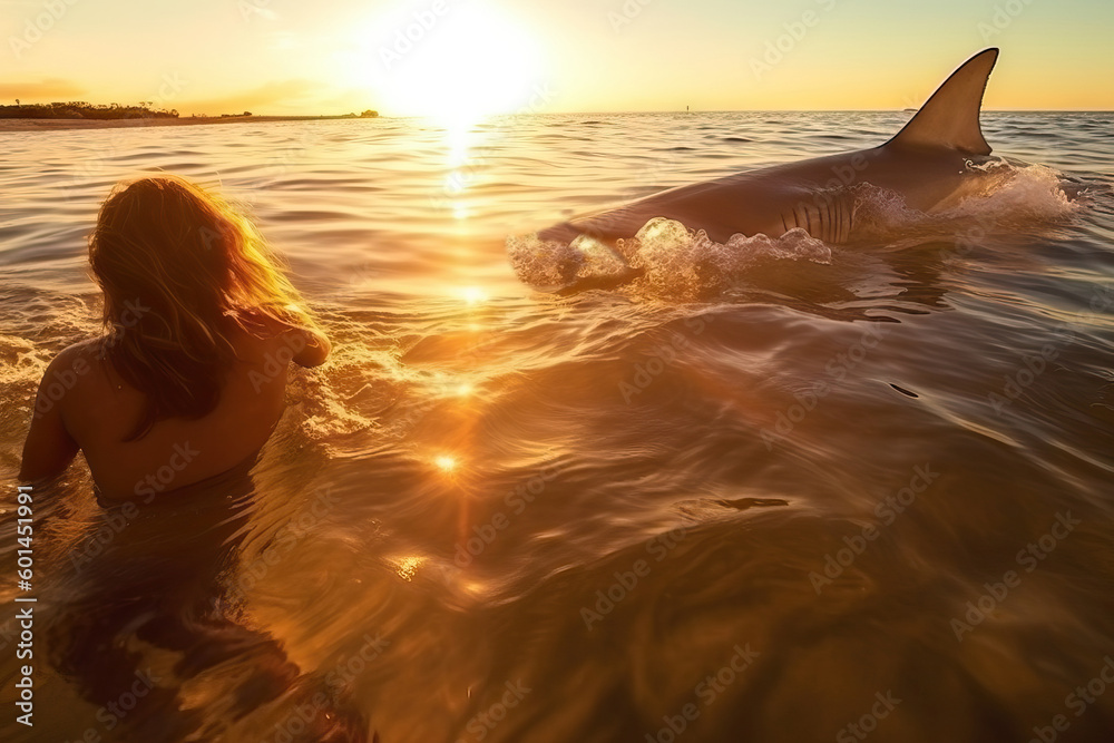 Great white shark attacking woman swimming on sea. Generative AI. Stock ...