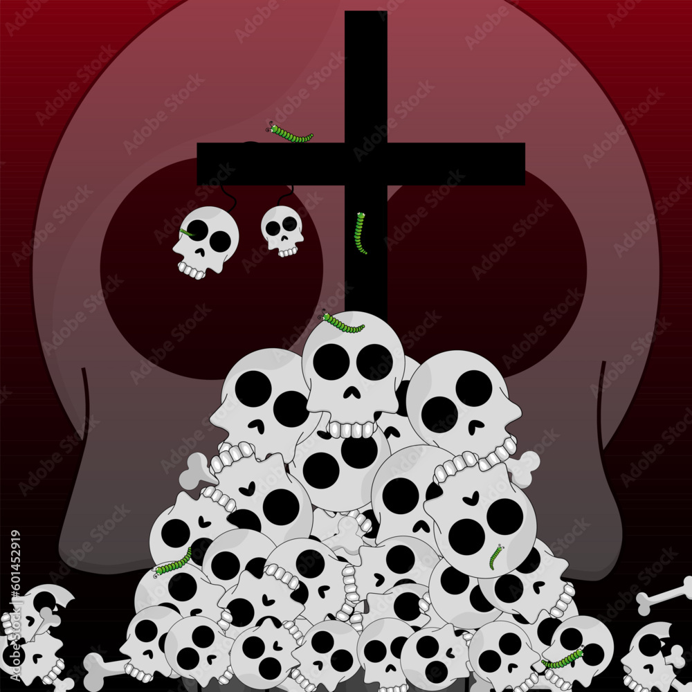 Skulls with a Cross on red sky background. Creepy Card with Sculls and ...