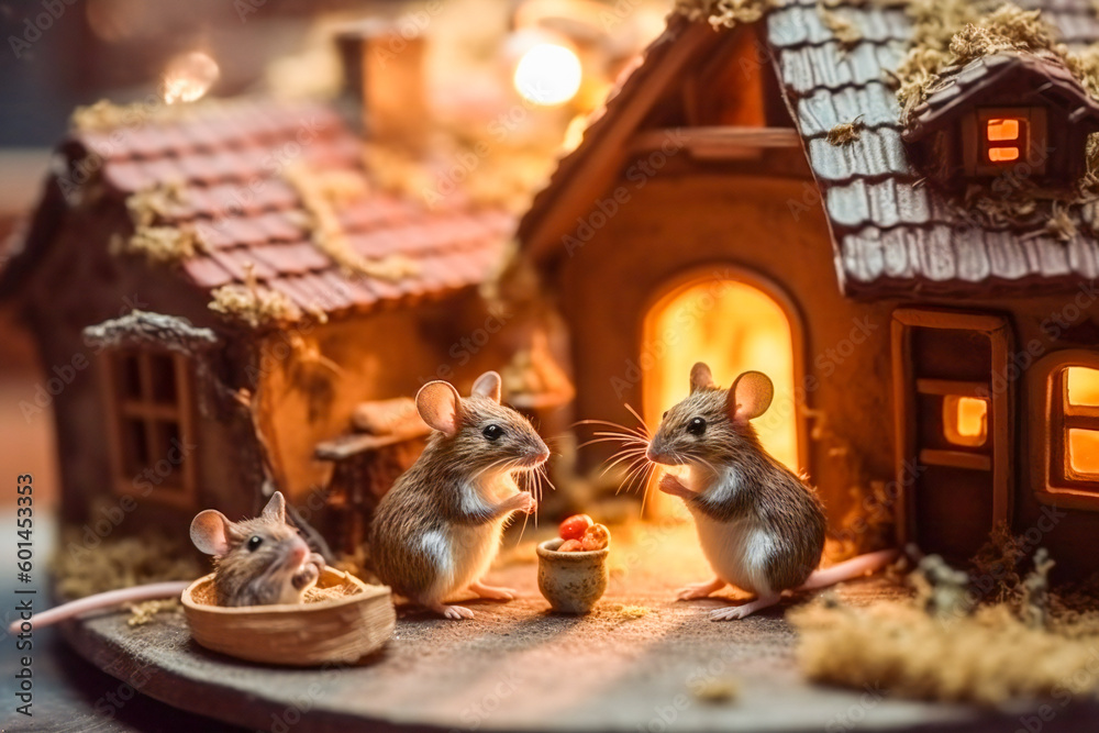 Cute mice family having dinner in a rural kitchen. Created with ...