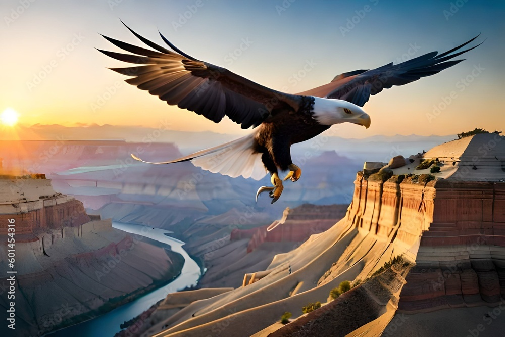 Bald Eagle Soaring High over Grand Canyon at Sunrise, A majestic bald ...
