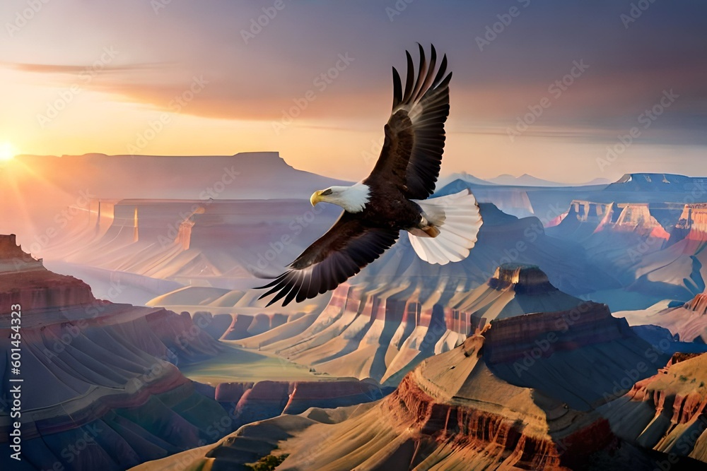 Majestic Bald Eagle Soaring over Grand Canyon at Sunrise, A majestic ...