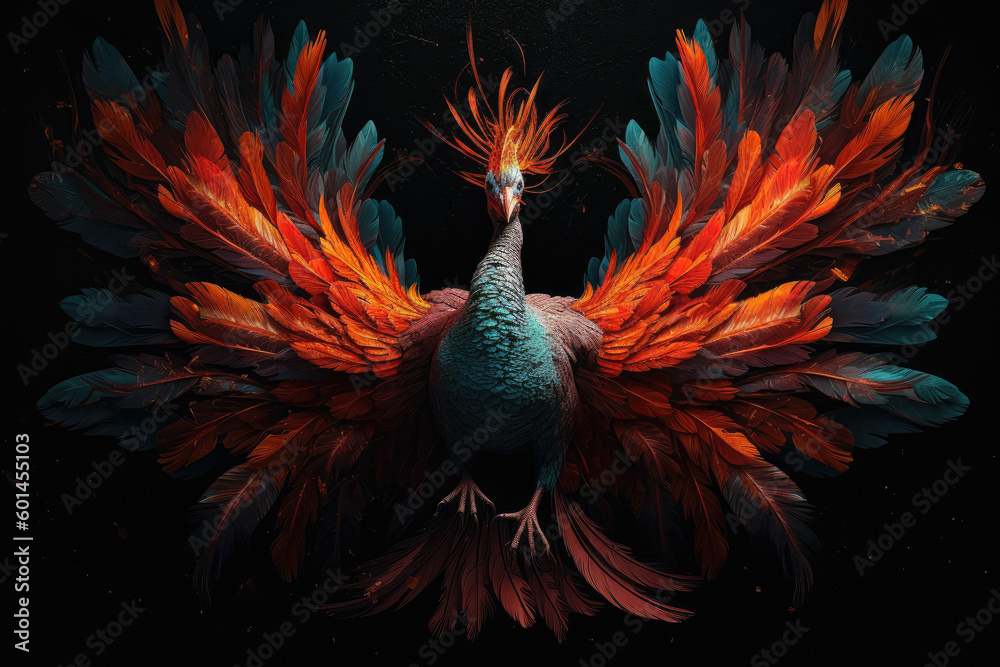 A stunning red and blue phoenix spreads its wings, displaying its ...