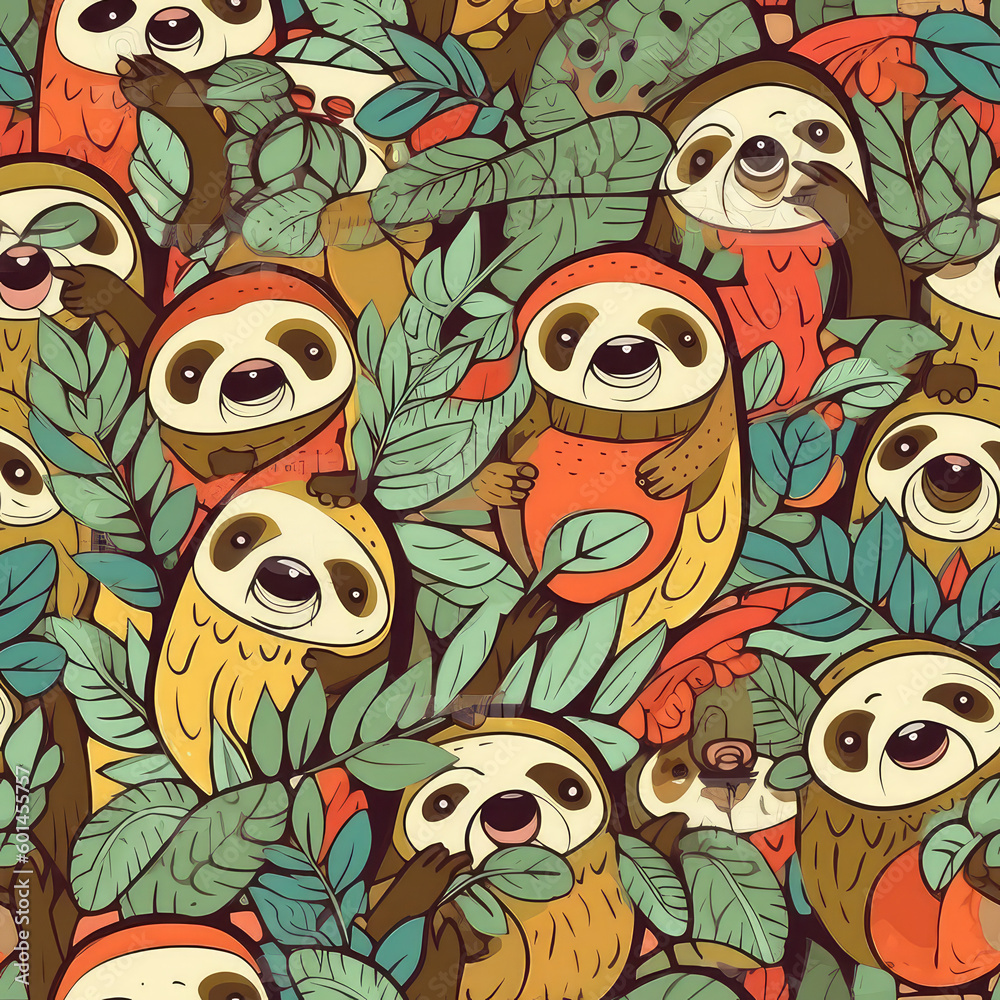 Cute sloths seamless repeat pattern - kawaii colorful cubism, abstract ...