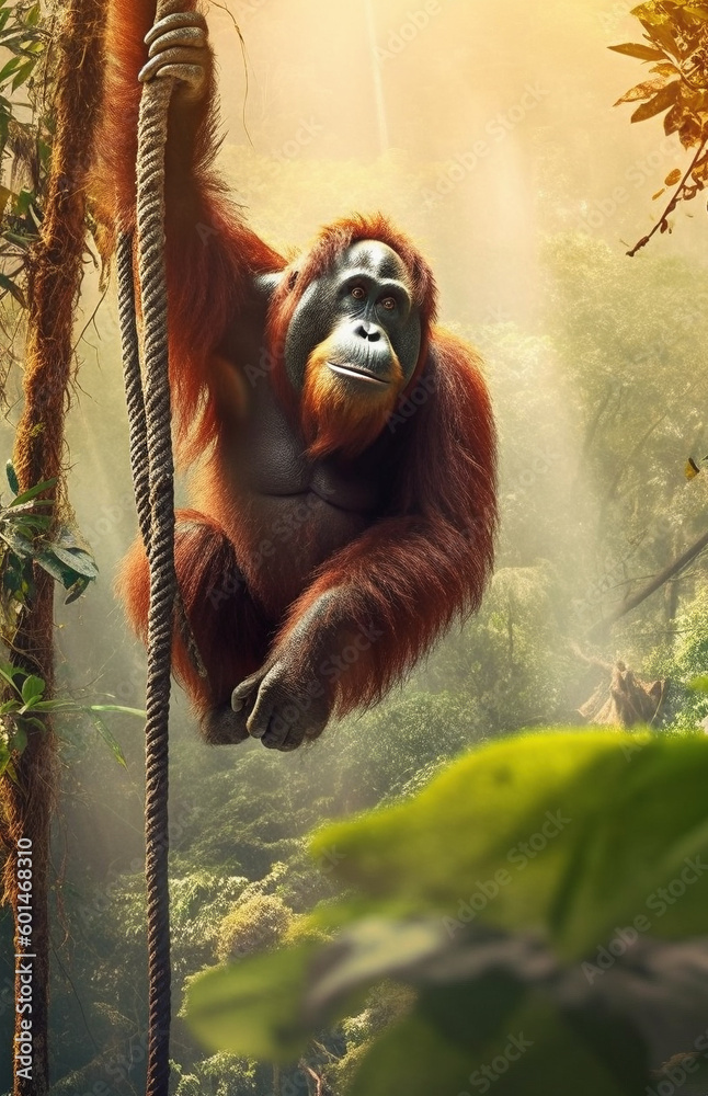 Curious Orangutan swings through tropical rainforest canopy. Wild ...