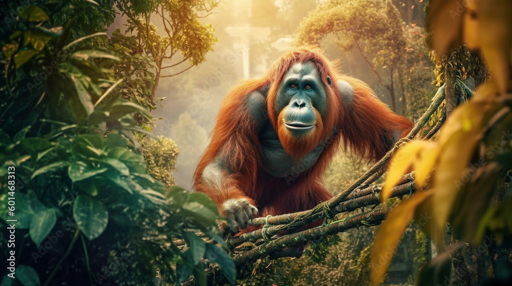 Curious Orangutan swings through tropical rainforest canopy. Wild ...