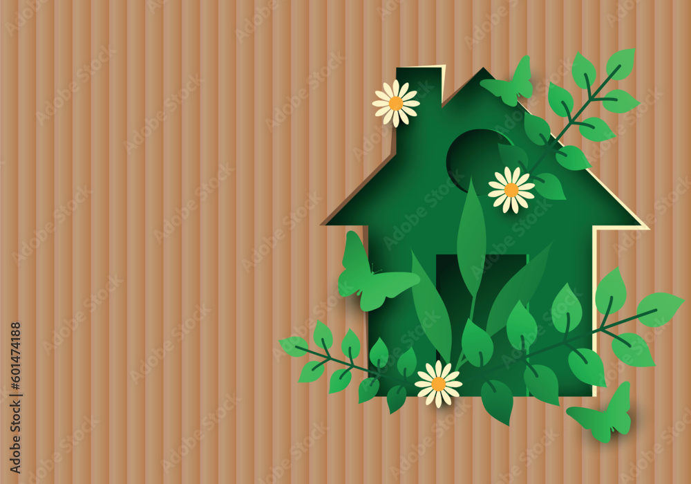 Energy efficiency. Green house on recycled brown paper background ...
