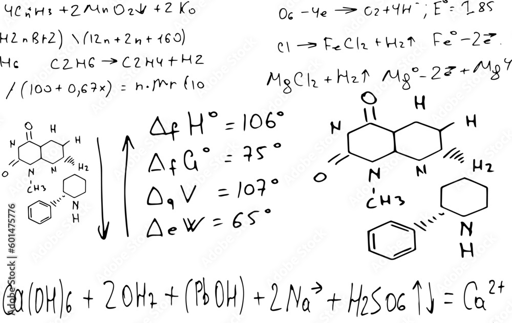 chemical formulas . the scientific educational background is hand-drawn ...