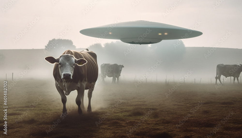 Cow abduction by aliens on a flying saucer in a field, generated AI ...