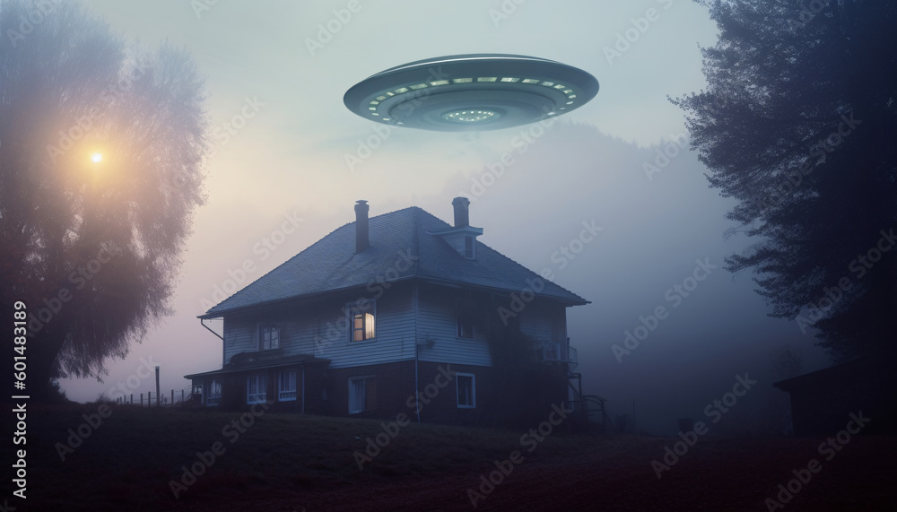 Flying saucer aliens in the sky over the house at night, generated by ...