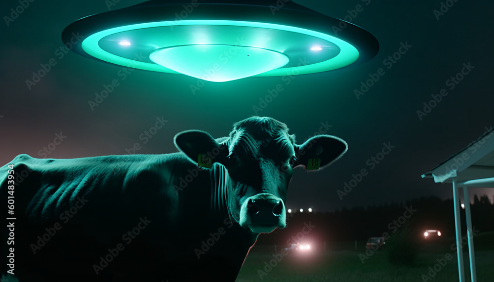 Cow abduction by aliens on a flying saucer in neon light at night in a ...