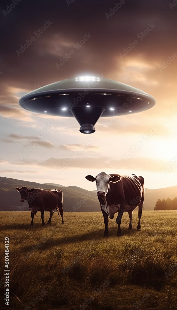 Cow abduction by aliens on a flying saucer in a field, generated AI ...