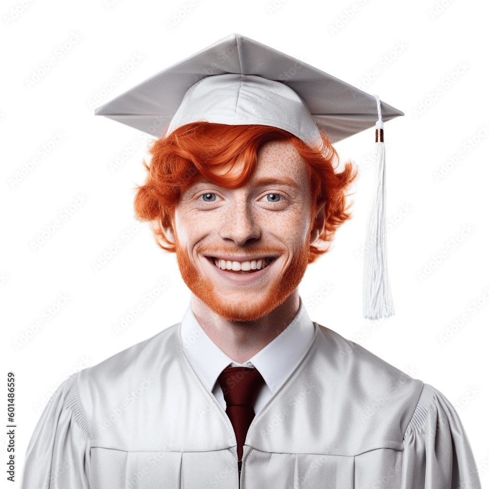 Portrait of a handsome, young, ginger man wearing graduation cap and ...