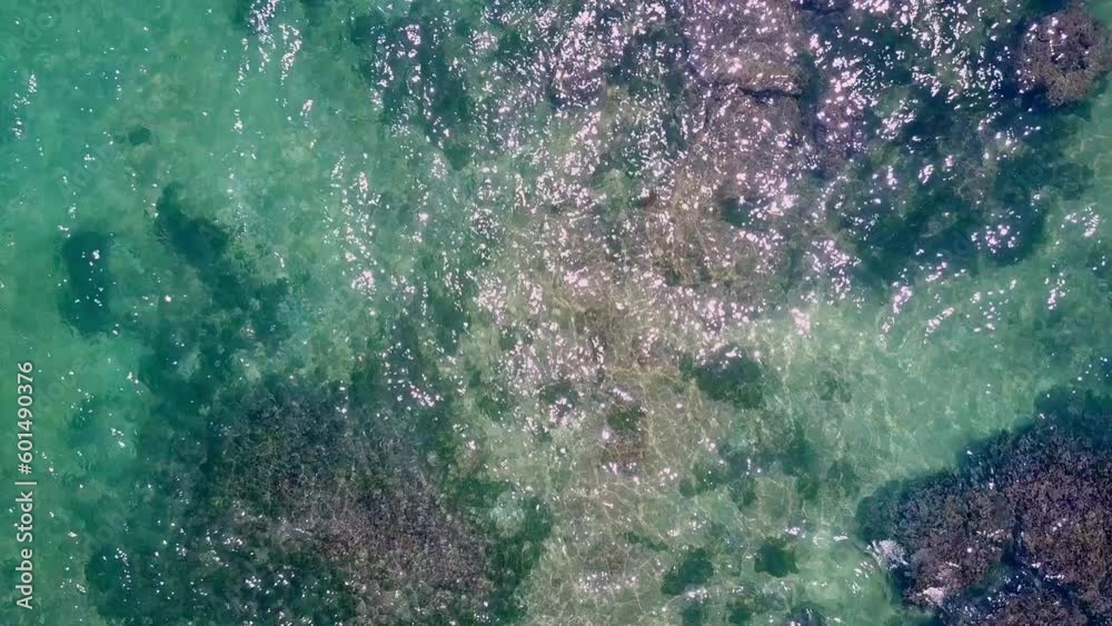 Coral reefs and rocky spots seen under ocean shallow clear turquoise ...