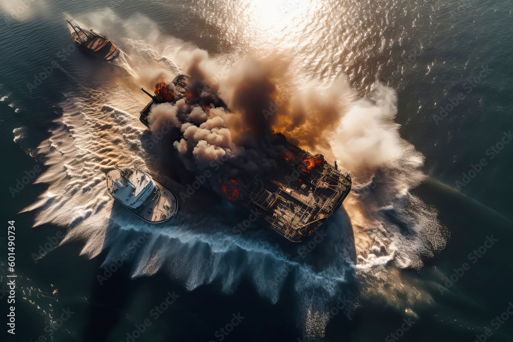 Aerial view of Cargo tanker ship explosion with fire and smoke ...