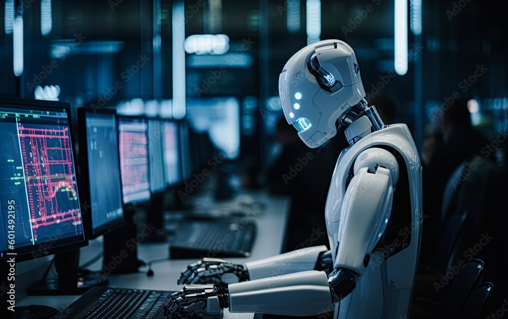 Humanoid robot working in the office. Artificial intelligence replacing ...