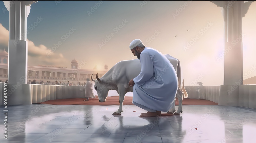 Illustration of Muslim man sacrifices cow in mosque courtyard during ...
