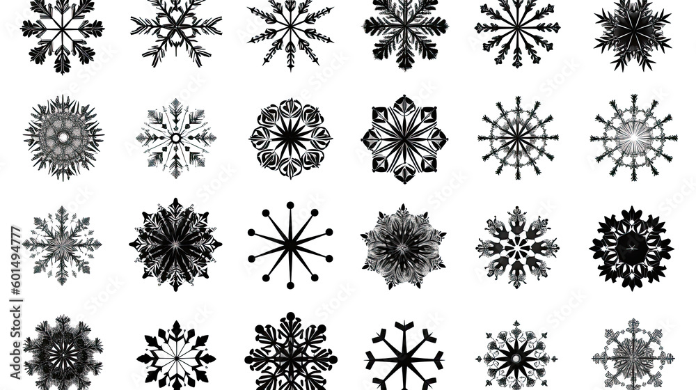 Black and white shiluette of snowflakes icon set collection, generative ...