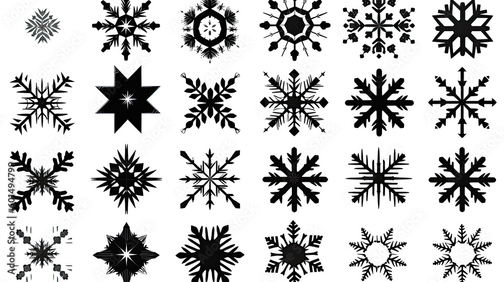 Black and white shiluette of snowflakes icon set collection, generative ...