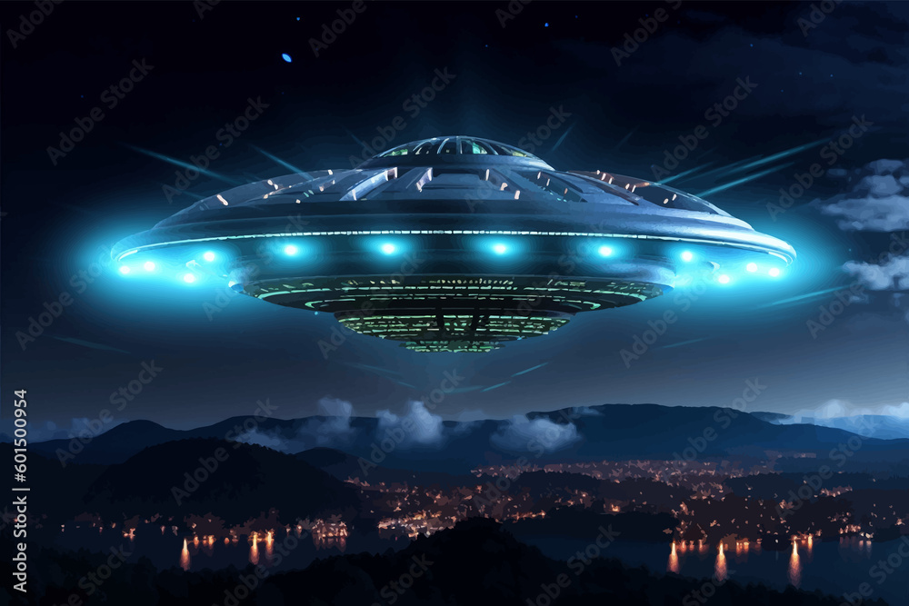 UFO is flying over the night city. A Flying Saucer. Aliens. Beautiful ...