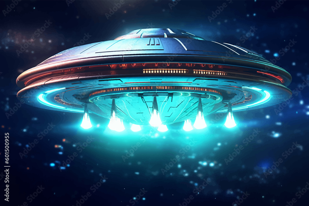 UFO is flying over the night city. A Flying Saucer. Aliens. Beautiful ...