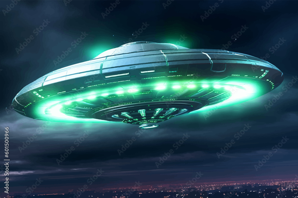 UFO is flying over the night city. A Flying Saucer. Aliens. Beautiful ...