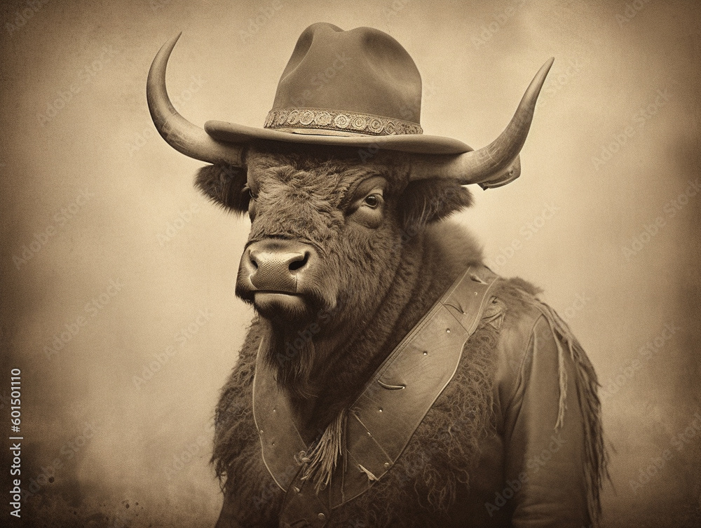 An Antique Photo of a Bison Dressed Up as a Cowboy | Generative AI ...