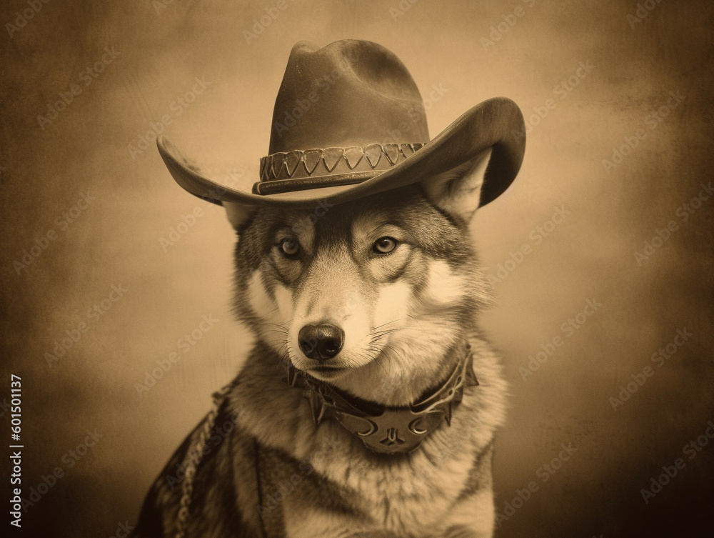 An Antique Photo of a Coyote Dressed Up as a Cowboy | Generative AI ...