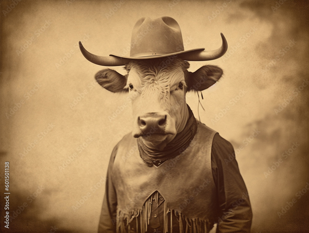An Antique Photo of a Cow Dressed Up as a Cowboy | Generative AI Stock ...