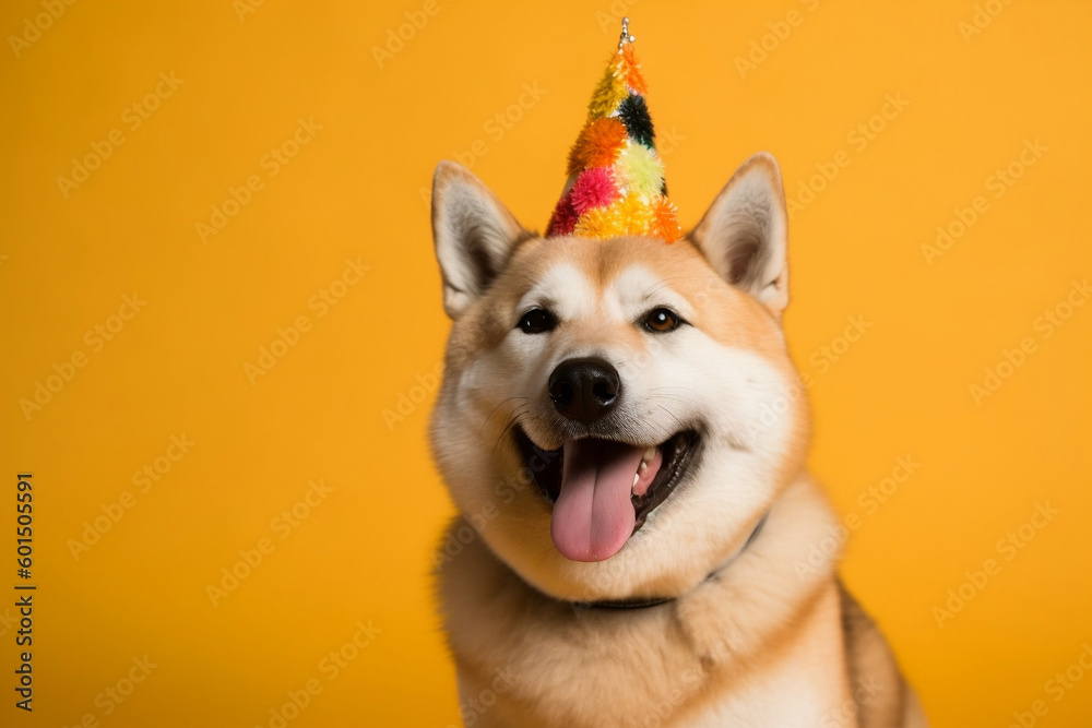 Cute Akita pet with happy face at funny happy birthday party wearing ...