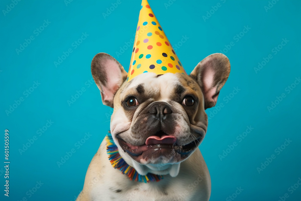 Smiling French Bulldog pet with a happy face at a funny happy birthday ...