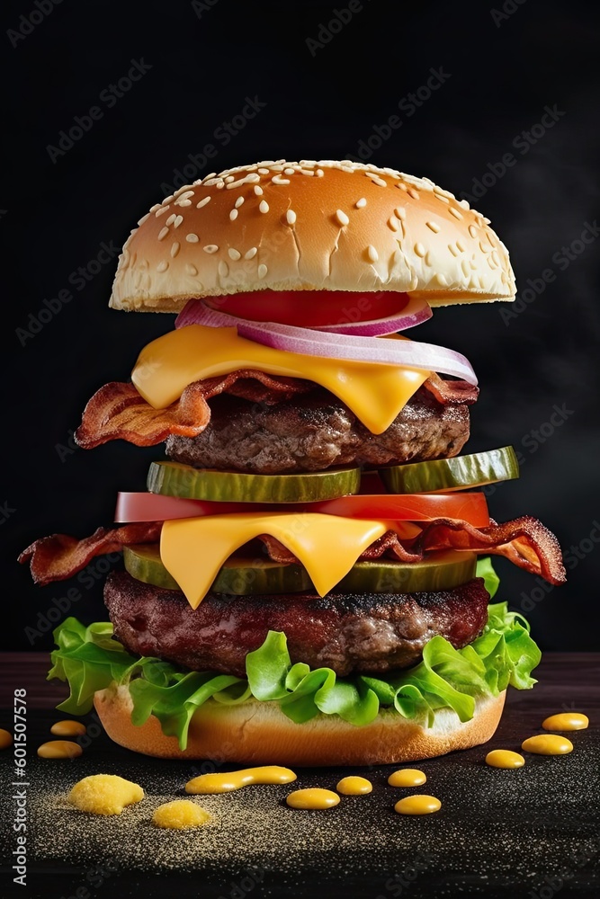 An illustration of one tall burger. AI-generated image. AI Generated ...