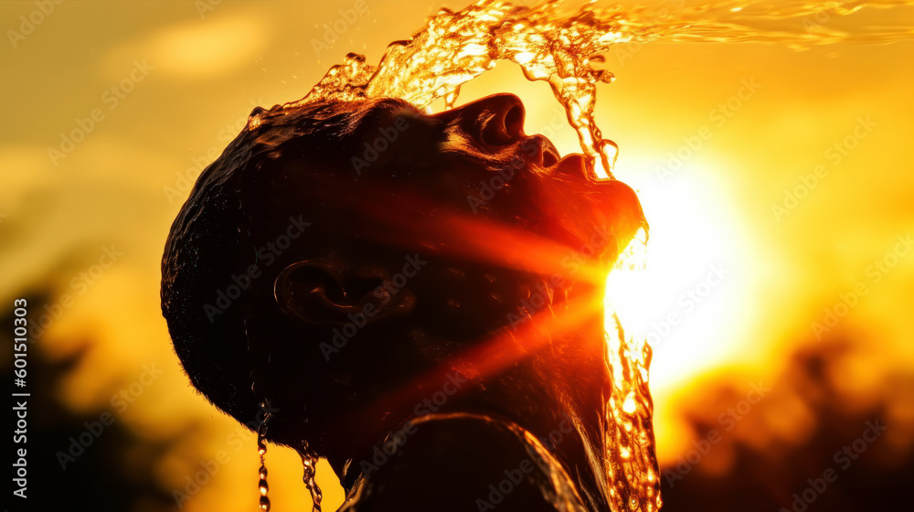silhouette of man cooling off with water in heat wave, generative ai ...