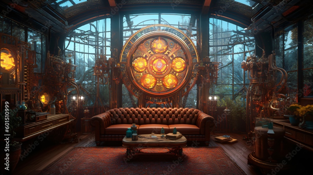 steampunk interior design, fantasy retro hall, in a victorian house ...