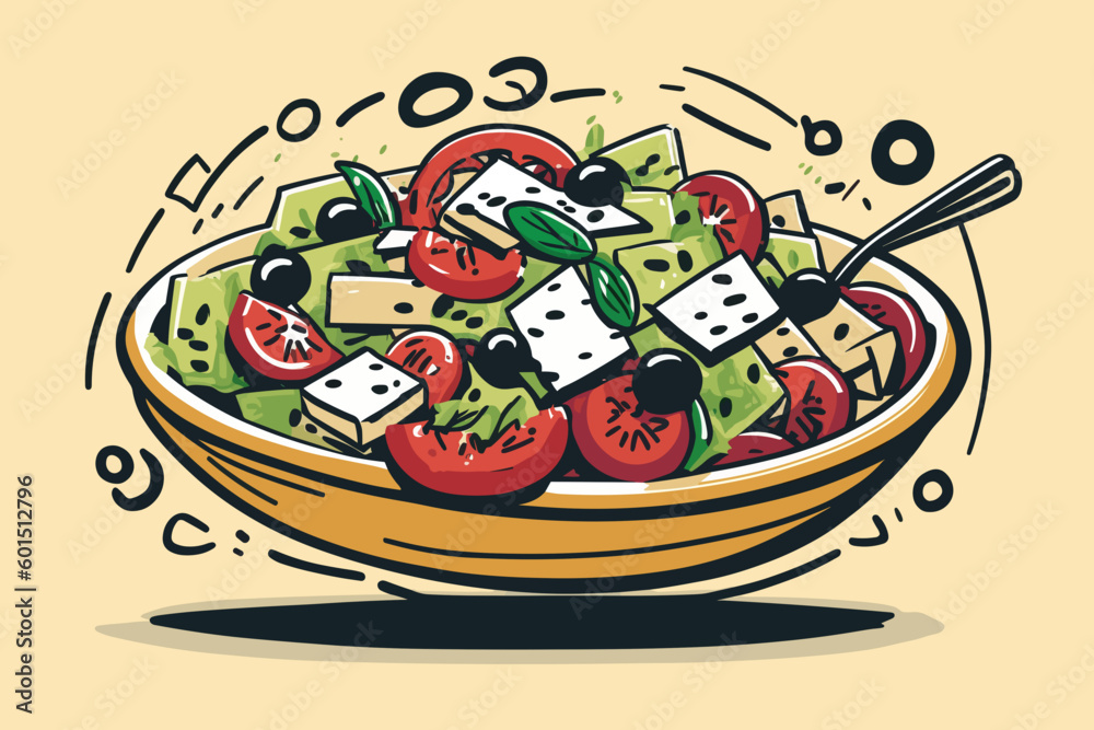 Doodle inspired Greek salad, cartoon sticker, sketch, vector ...