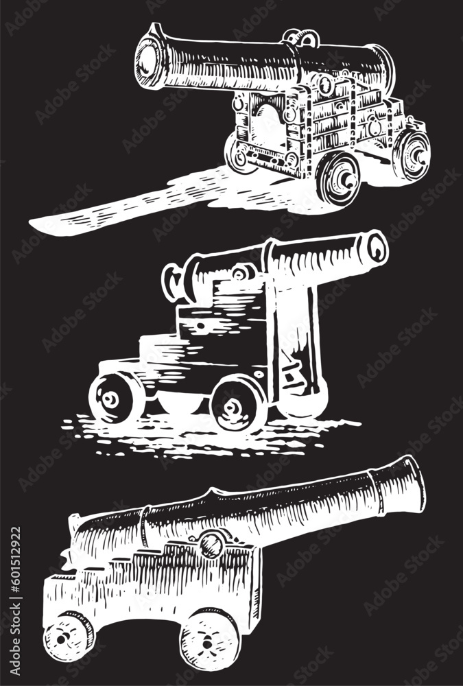 Graphical set of guns, a type of artillery piece isolated on black ...