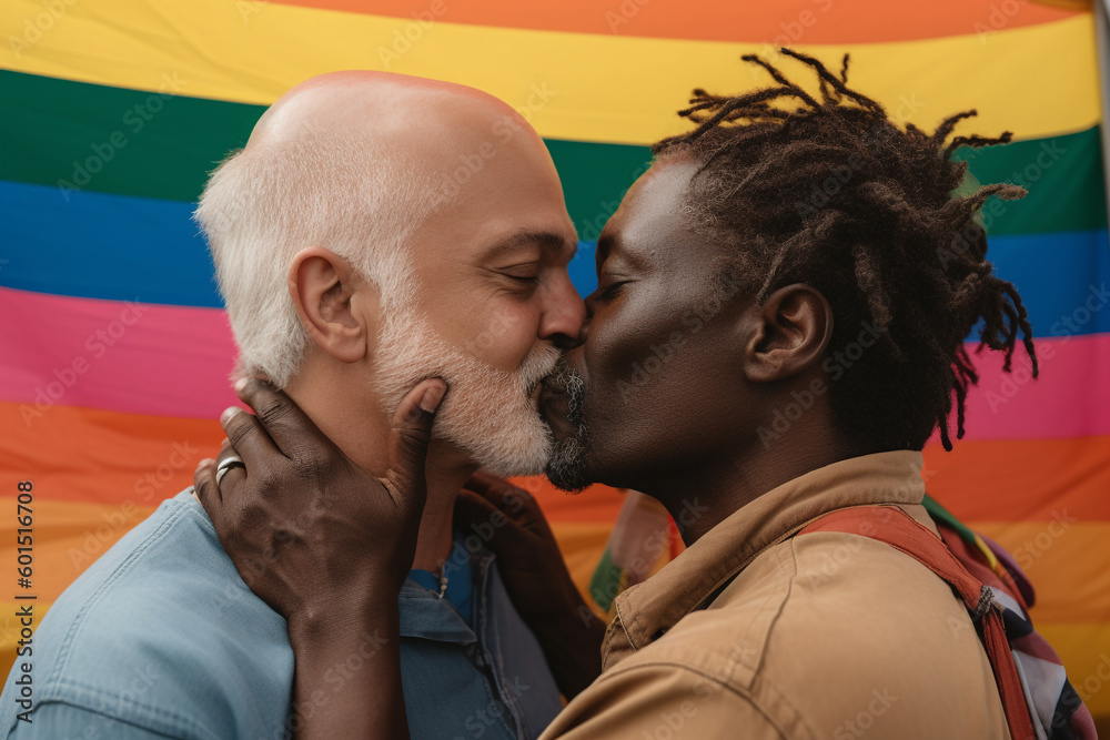Lgbtq Interracial Gay Couple Kissing In Front Of Pride Flag 2 Middle