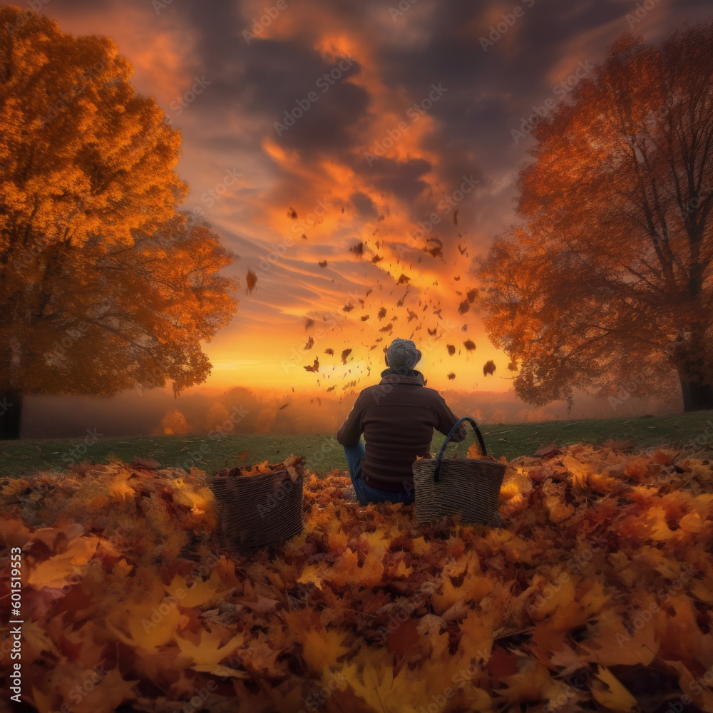 Harvest Reflection: A Gentleman Amidst Fall Foliage at Dusk, Created ...