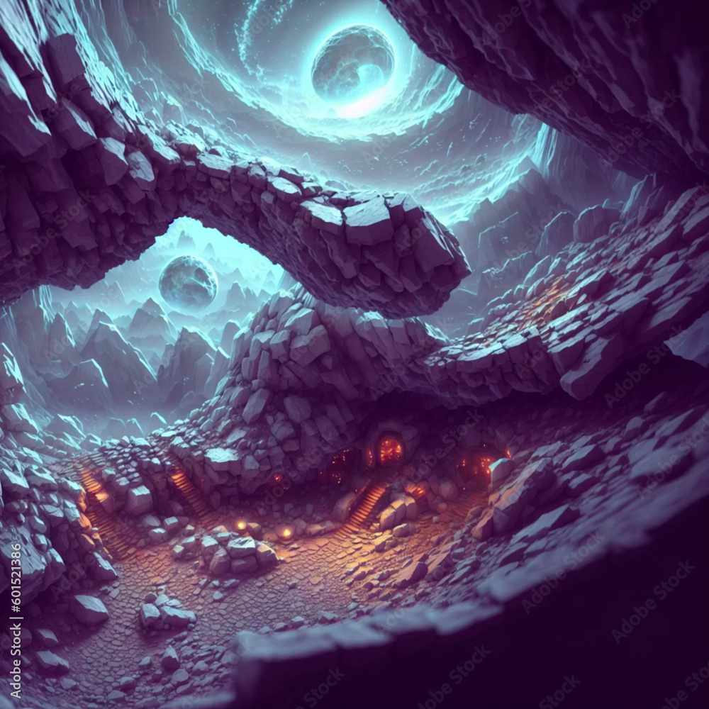 abstract background with space. A digital painting of a cave with a ...
