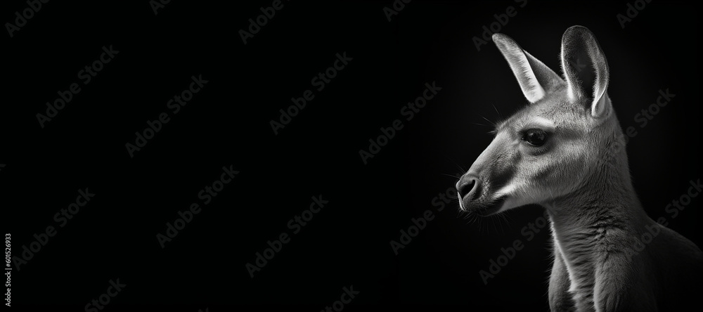 Black and white photorealistic studio portrait of a Kangaroo on black ...