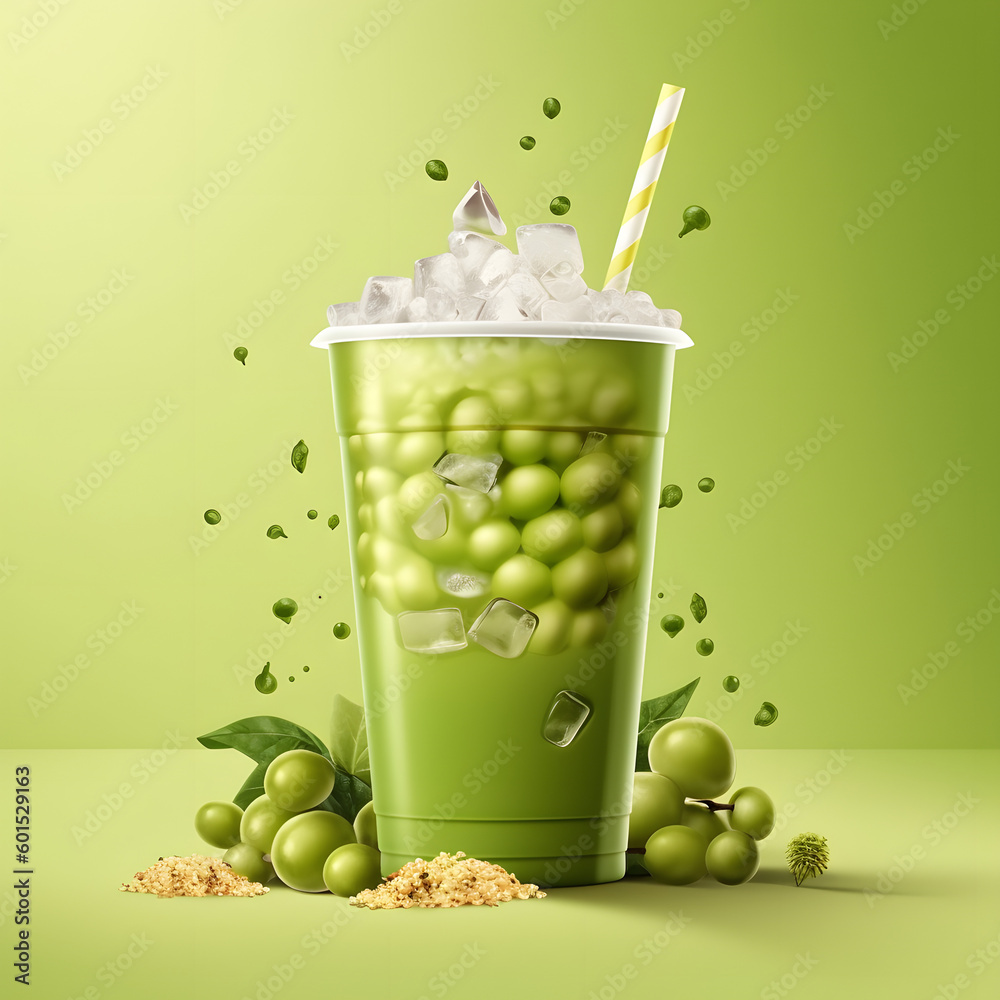 Matcha green tea with bubbles and ice cubes mock-up banner. Cold drink ...