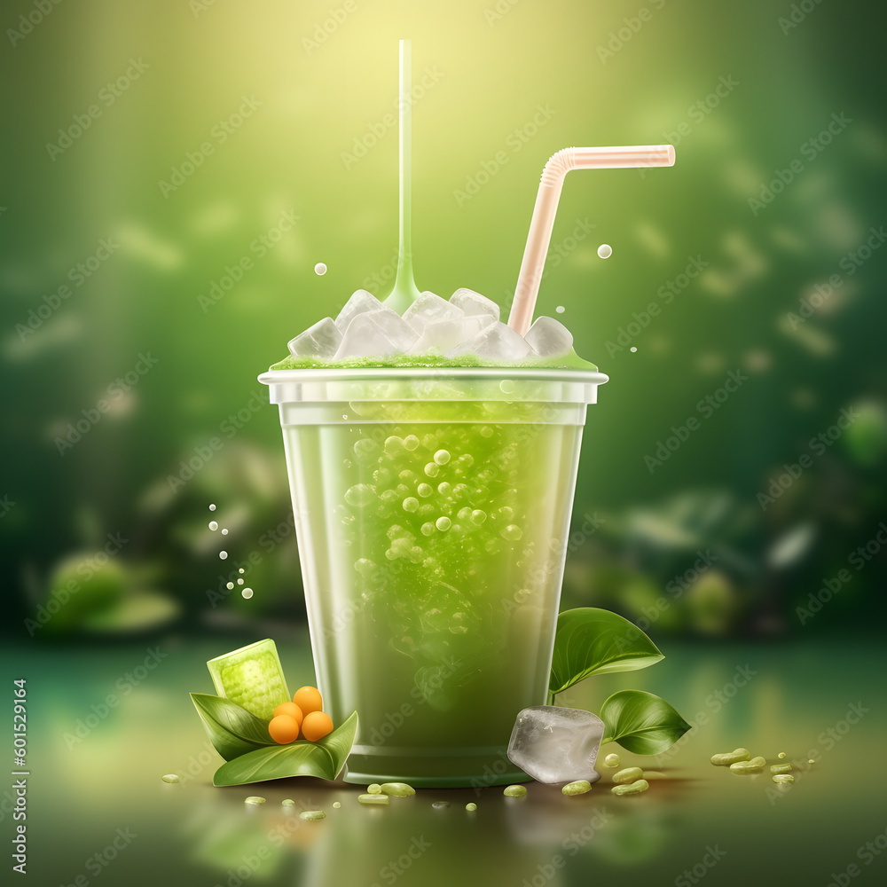 Matcha green tea with bubbles and ice cubes mock-up banner. Cold drink ...
